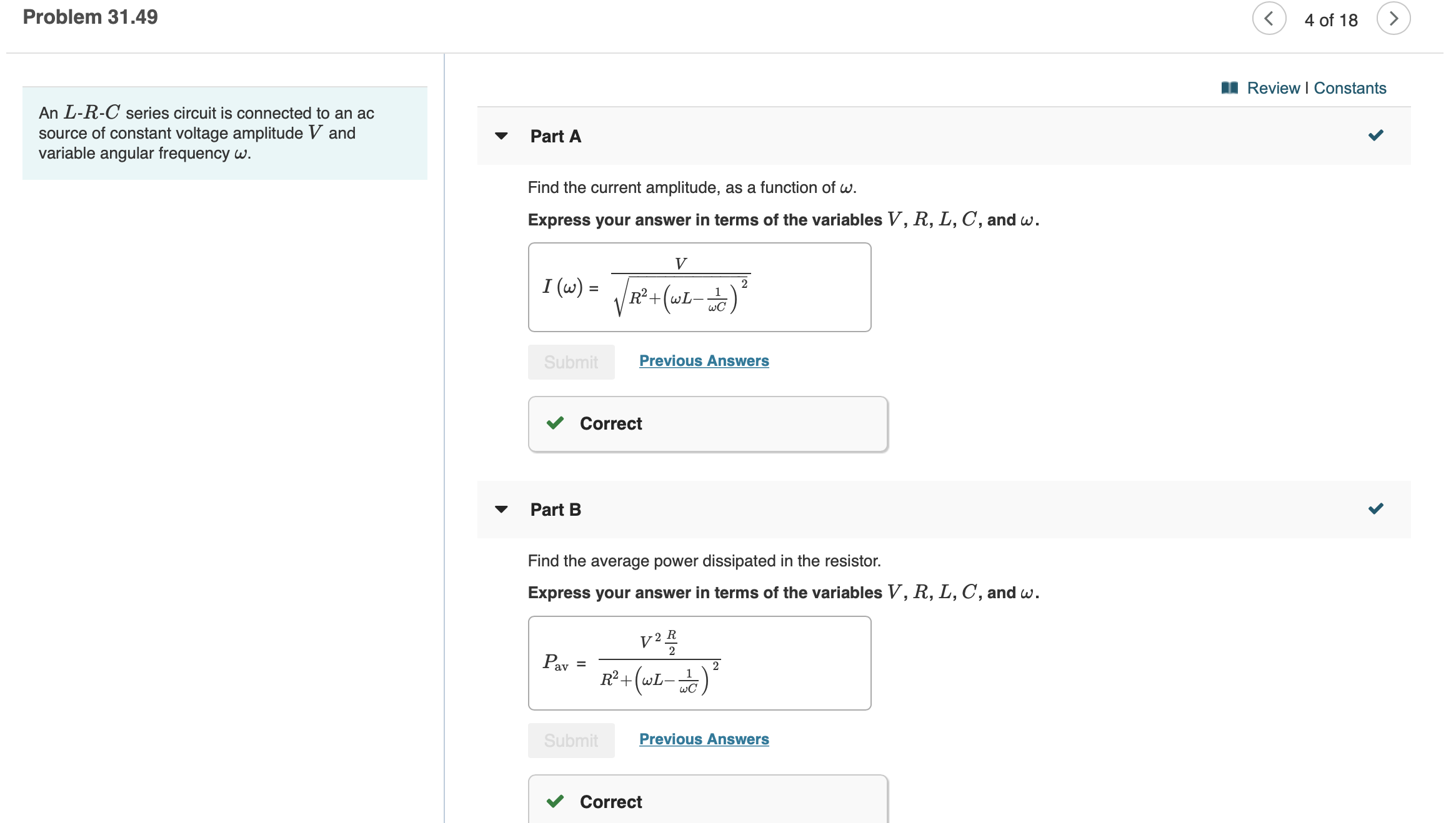 Solved Problem 31.49 4 of 18 > Review Constants An L-R-C | Chegg.com