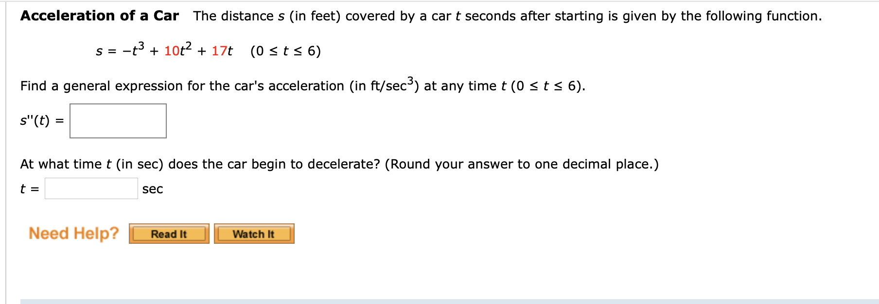 Solved Acceleration of a Car The distance s (in feet) | Chegg.com