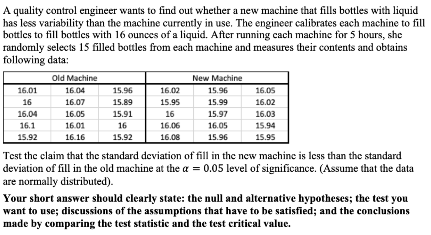 Solved A quality control engineer wants to find out whether | Chegg.com