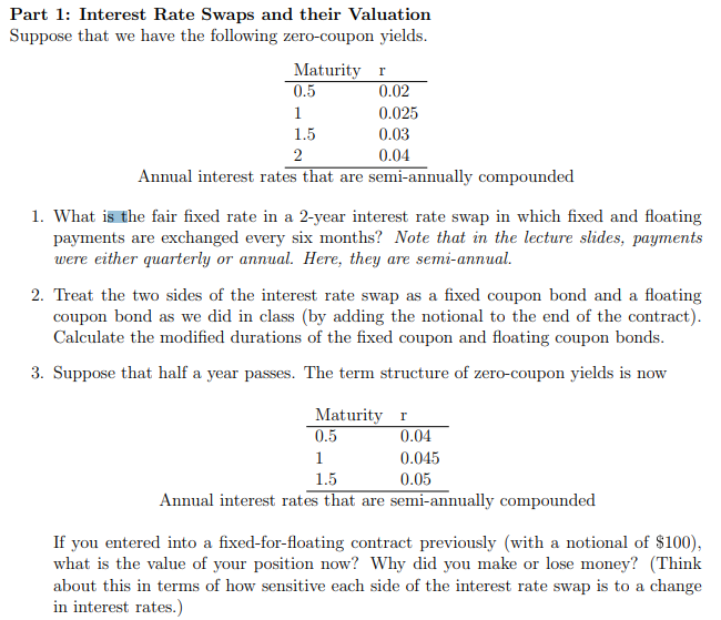 Solved Part 1: Interest Rate Swaps and their Valuation | Chegg.com
