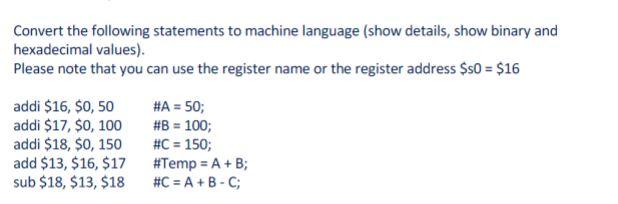 Solved Convert the following statements to machine language | Chegg.com