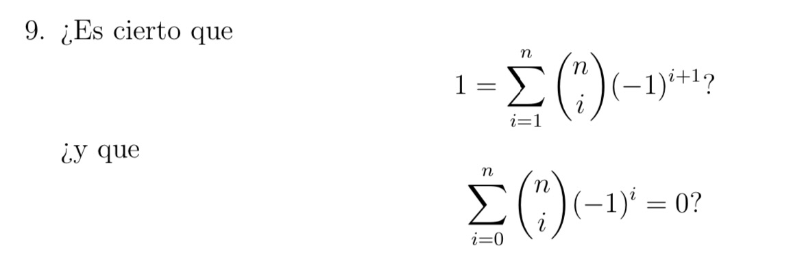 Solved ¿Es cierto que1=∑i=1n(ni)(-1)i+1?¿y | Chegg.com