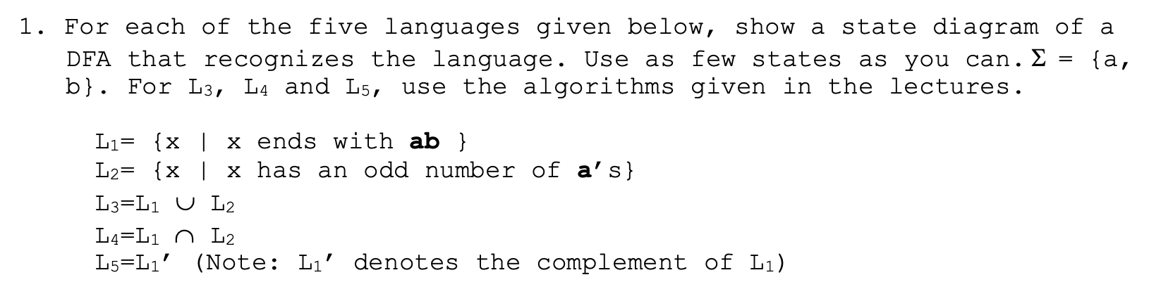Solved 1. For each of the five languages given below, show a | Chegg.com