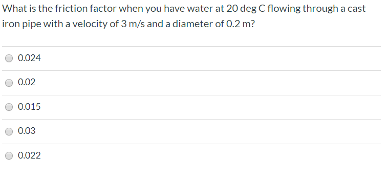 Solved What is the friction factor when you have water at 20 | Chegg.com