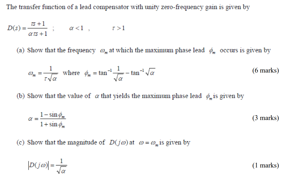 Solved The transfer function of a lead compensator with | Chegg.com