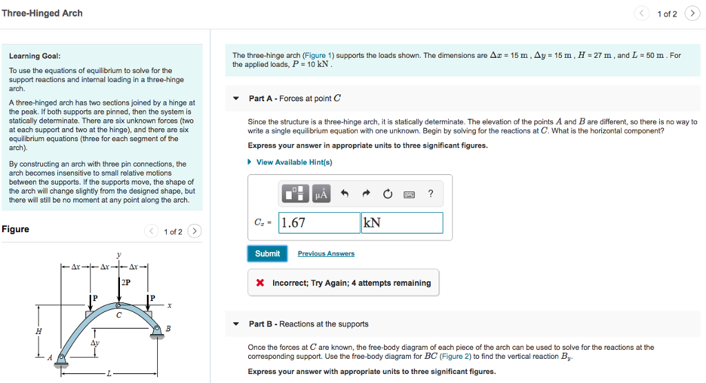 Solved Three-Hinged Arch 1 of 2 The three-hinge arch (Figure | Chegg.com