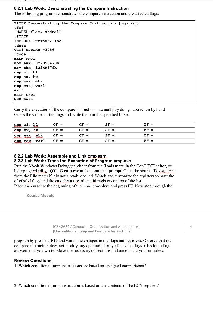8.2.1 Lab Work: Demonstrating the Compare Instruction | Chegg.com