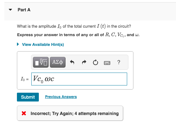 Solved What is the amplitude I0 of the total current I(t) in | Chegg.com
