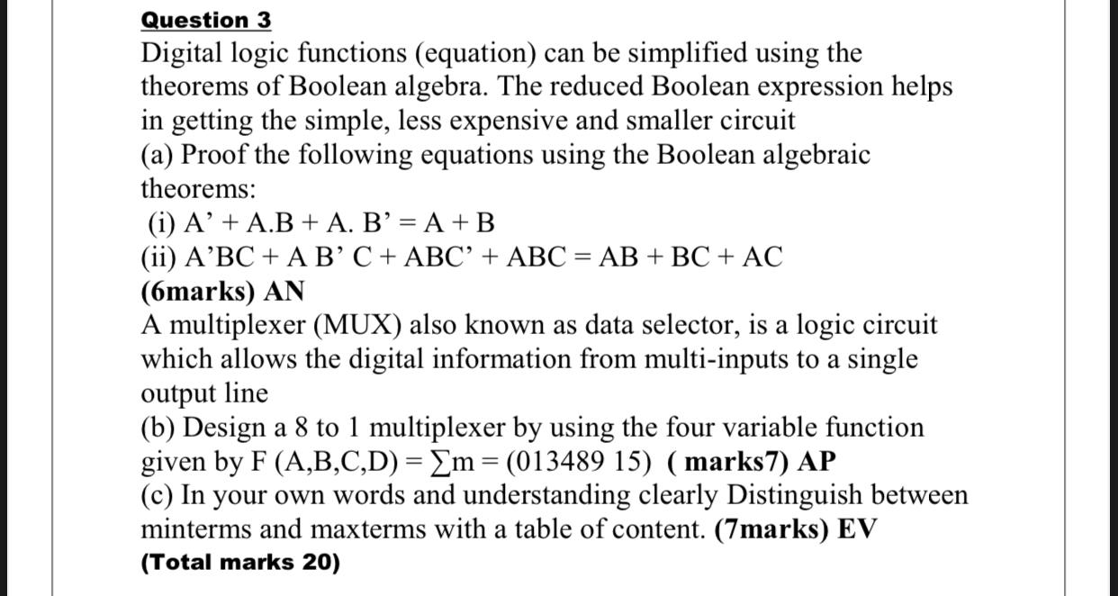 Question 3 Digital logic functions (equation) can be | Chegg.com