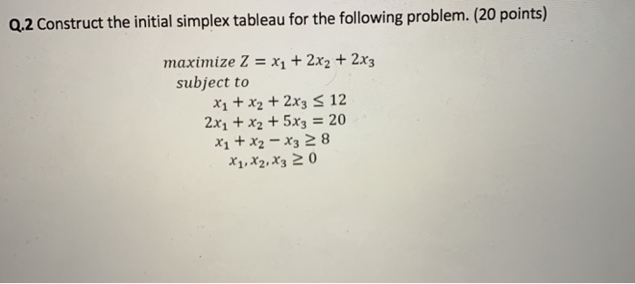 Solved Q.2 Construct the initial simplex tableau for the | Chegg.com