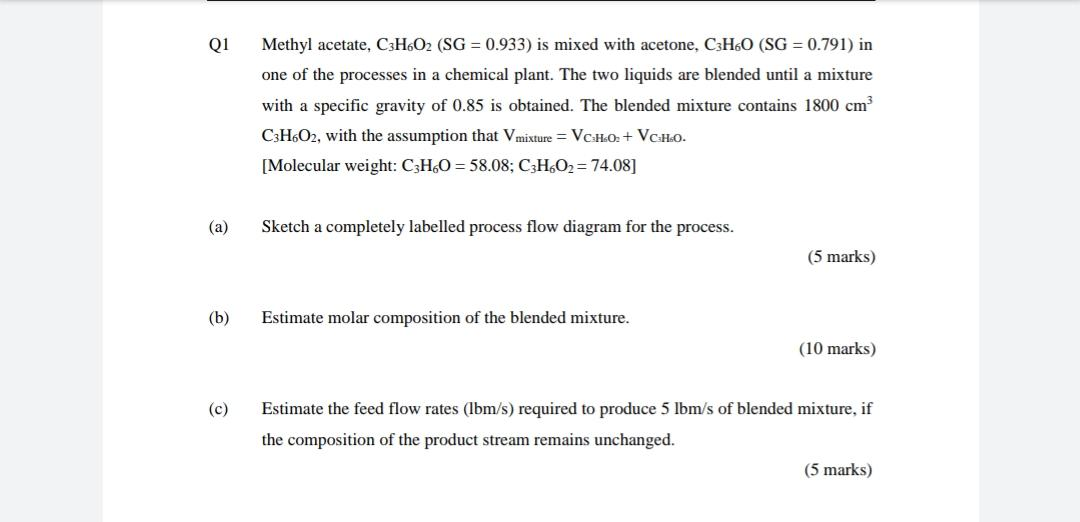 Solved 01 Methyl acetate, C3H602 (SG = 0.933) is mixed with | Chegg.com