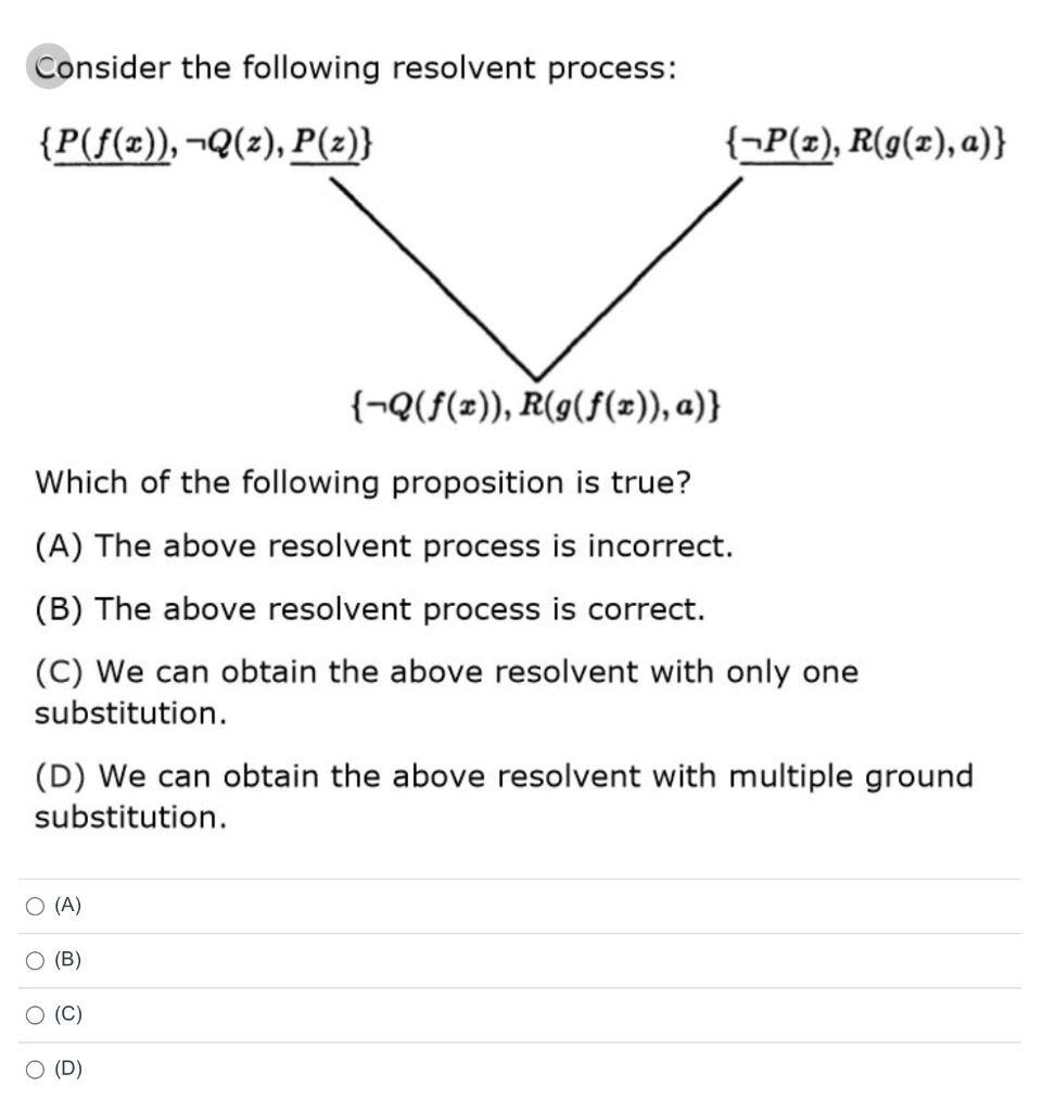 Solved Consider the following resolvent process: {P(f(c)), | Chegg.com