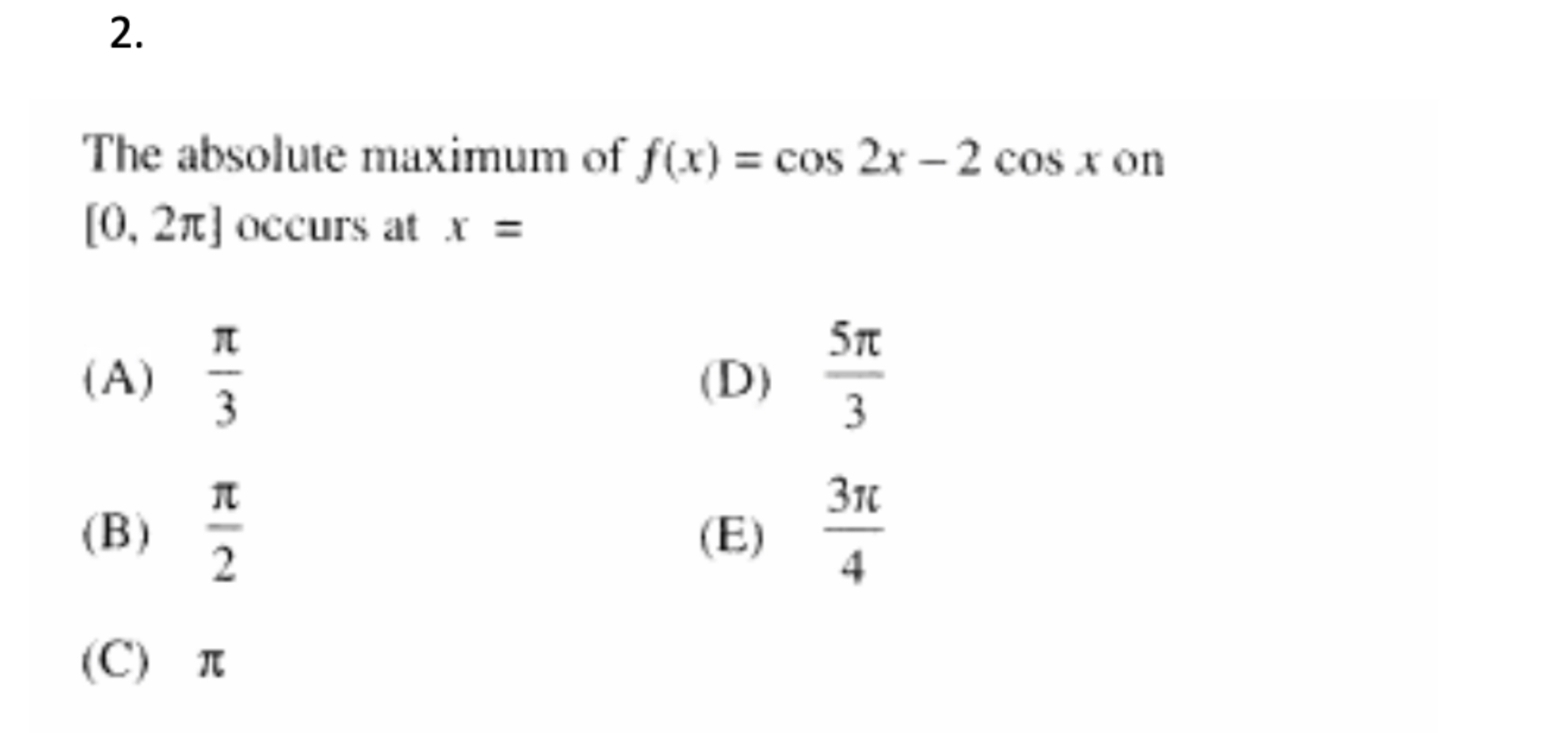Solved The absolute maximum of f(x)=cos2x-2cosx ﻿on0,2π | Chegg.com