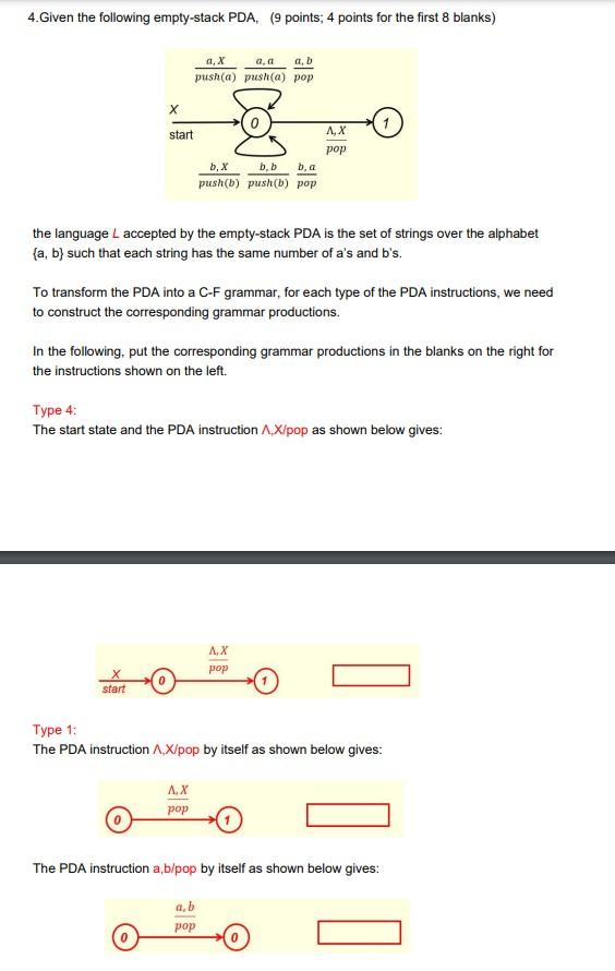 Solved 4. Given the following empty-stack PDA, (9 points; 4 | Chegg.com