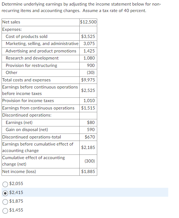 Solved Determine underlying earnings by adjusting the income | Chegg.com