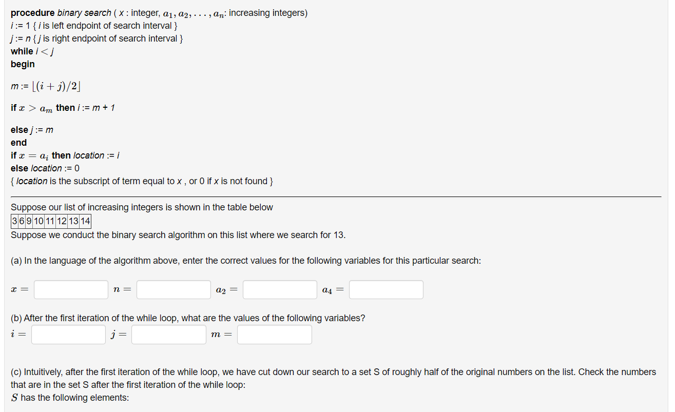 Solved procedure binary search ( x : integer, ai, a2, ..., | Chegg.com
