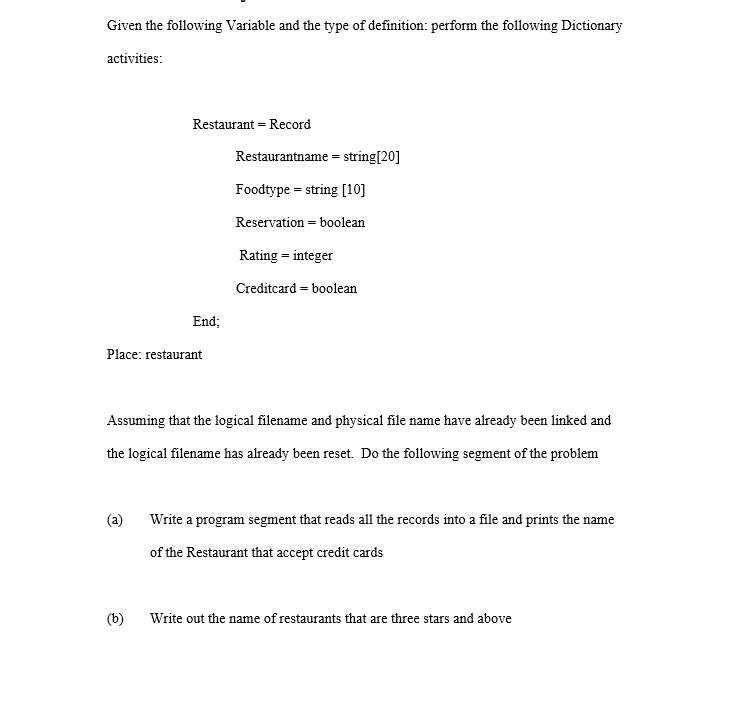 Solved Given the following Variable and the type of | Chegg.com