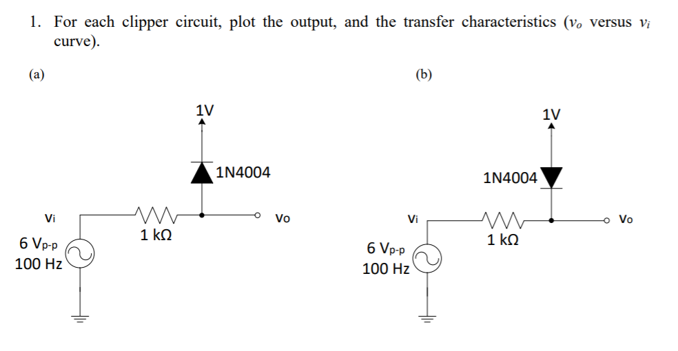 Solved 1. For each clipper circuit, plot the output, and the | Chegg.com