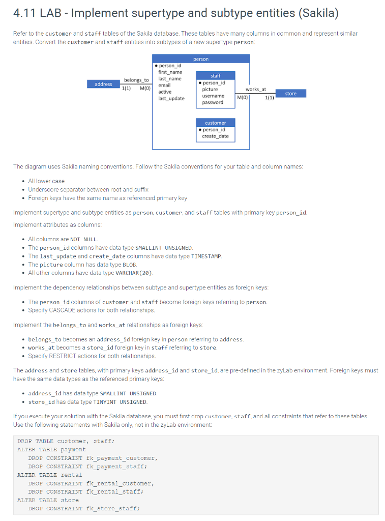 Solved 4.11 LAB - Implement supertype and subtype entities | Chegg.com