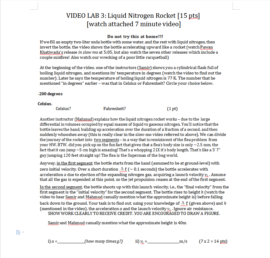 VIDEO LAB 3: Liquid Nitrogen Rocket (15 pts] [watch | Chegg.com