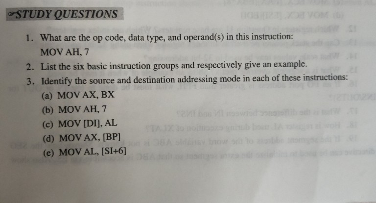 Solved STUDY QUESTIONS 1. What are the op code, data type, | Chegg.com