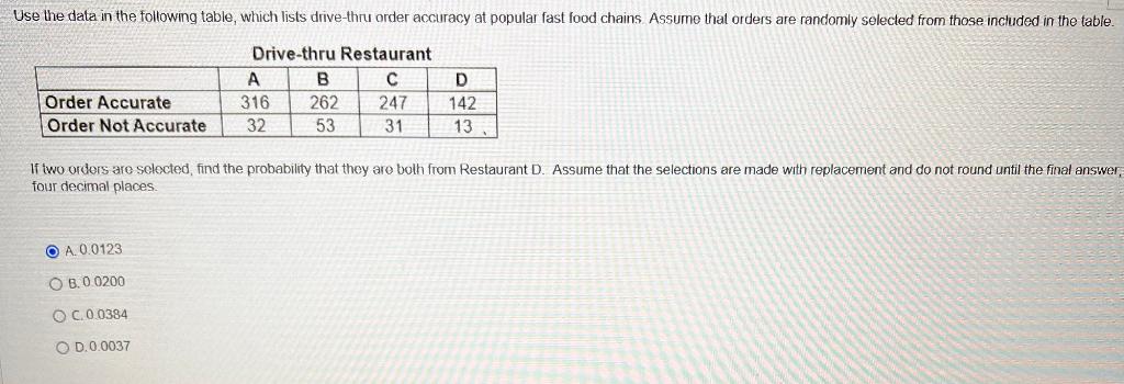 Solved If two orders are sclected, find the probability that | Chegg.com