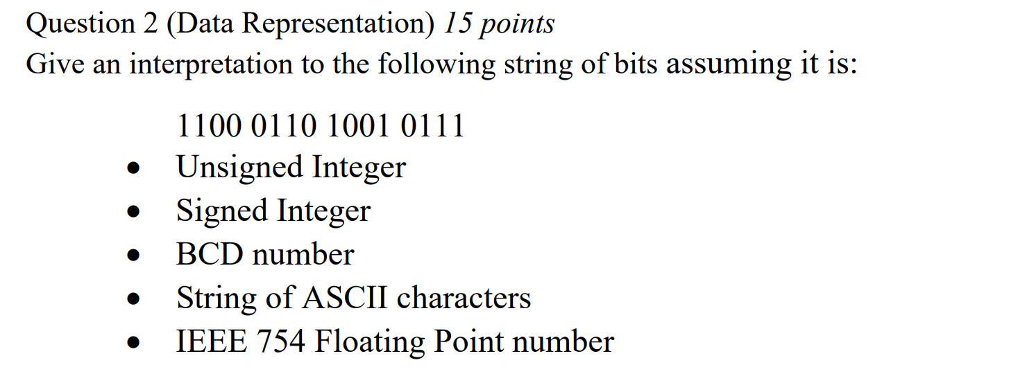 Solved Question 2 (Data Representation) 15 ﻿pointsGive an | Chegg.com