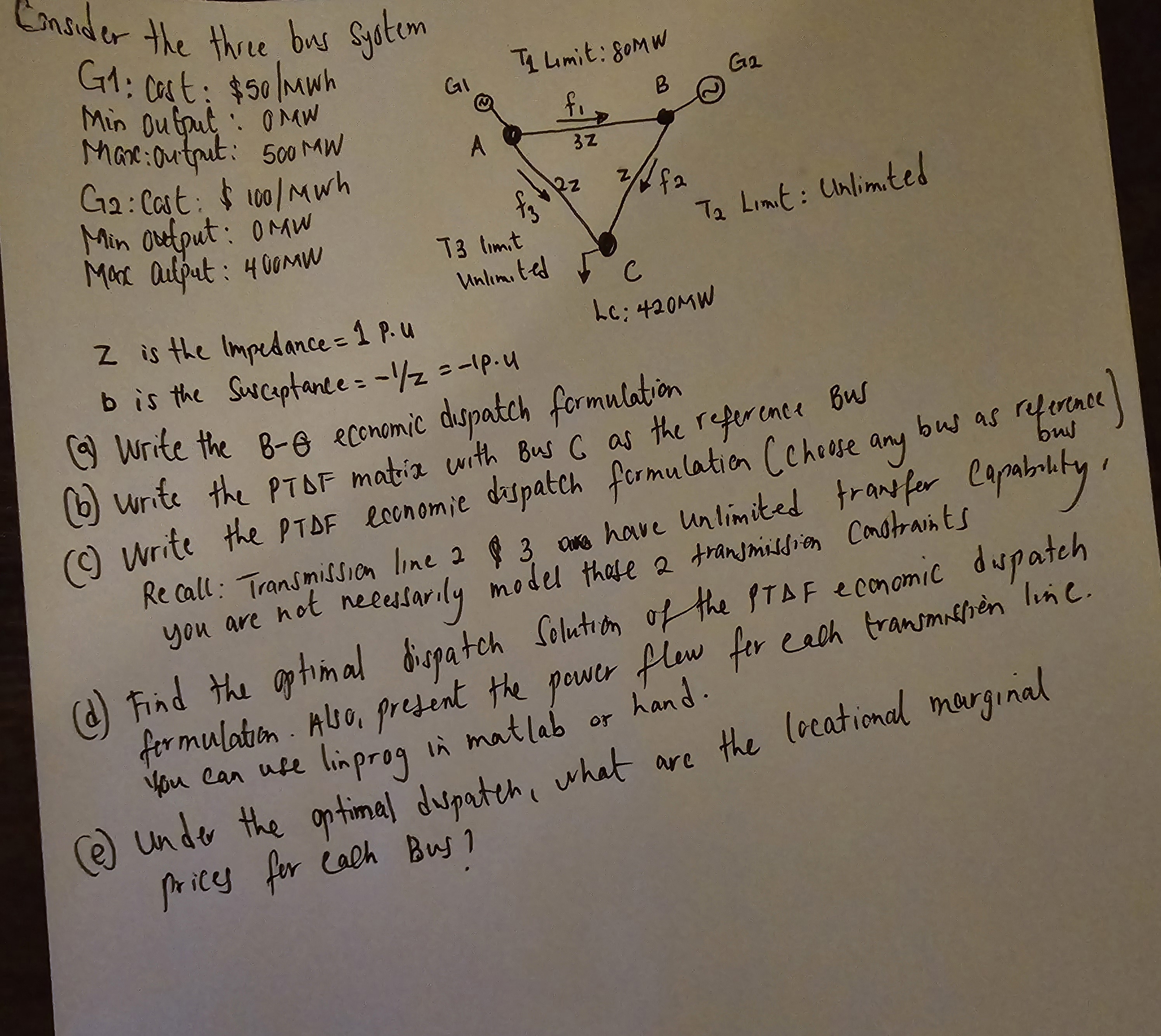 Solved Consider the three bus syotemG1: cost: $50/MWhMin | Chegg.com