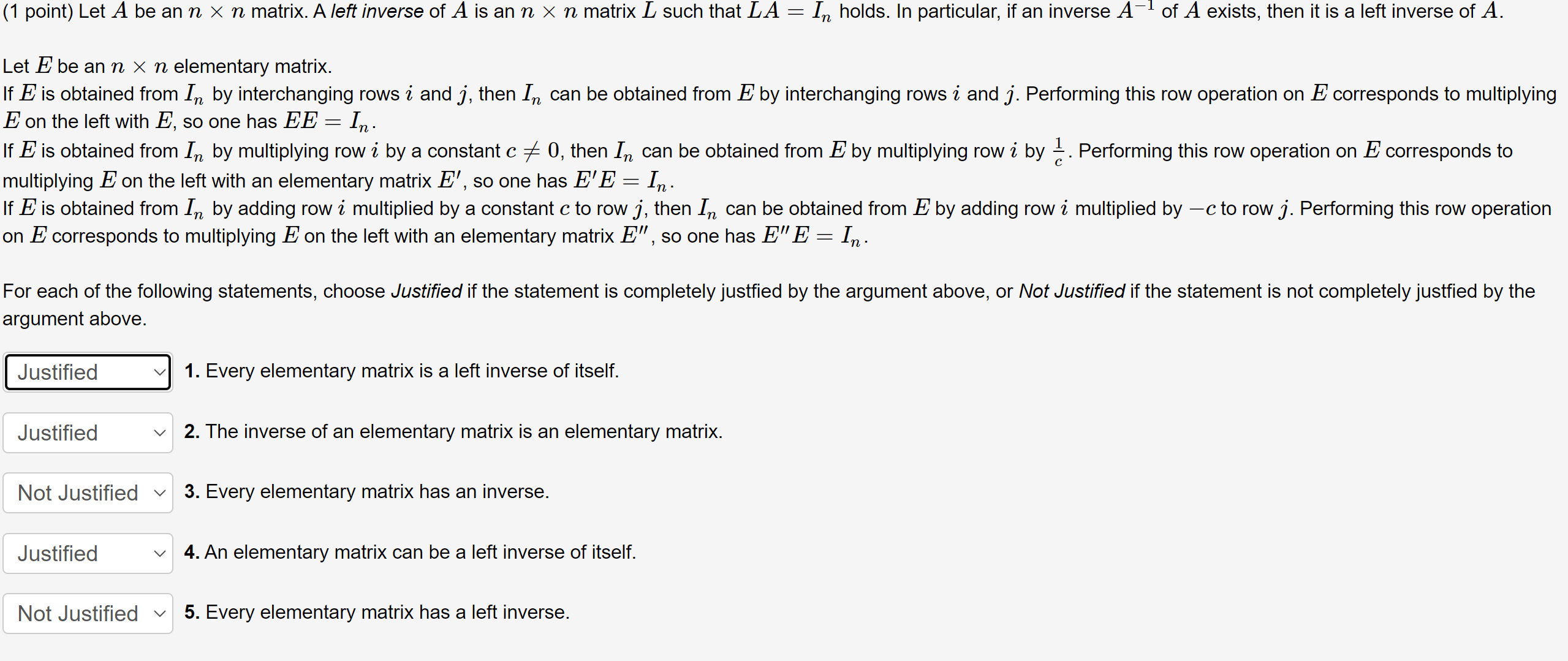 Solved (1 point) Let A be an n×n matrix. A left inverse of A | Chegg.com