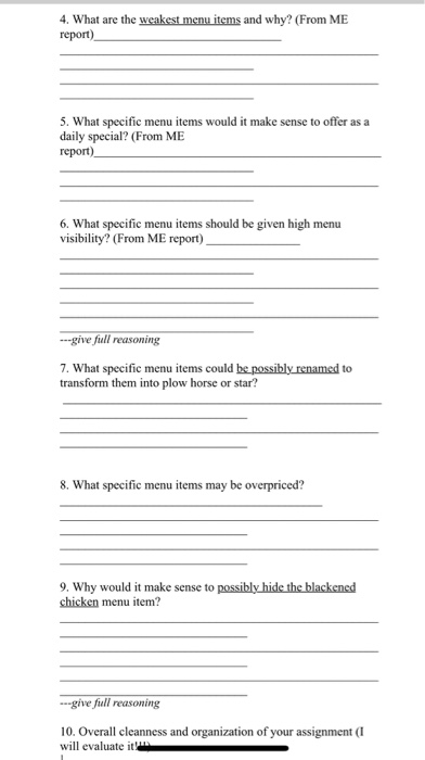 Solved Utilizing Menu Engineering Concept in a Restaurant | Chegg.com