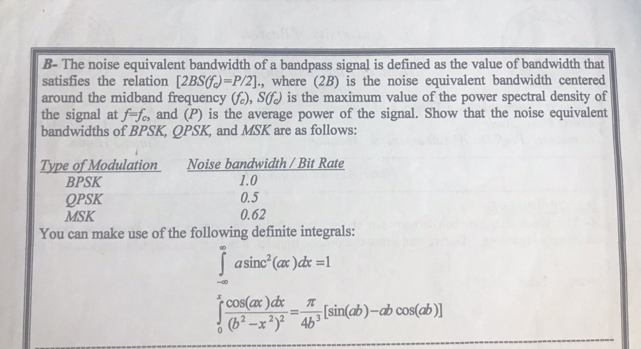 B- The noise equivalent bandwidth of a bandpass | Chegg.com