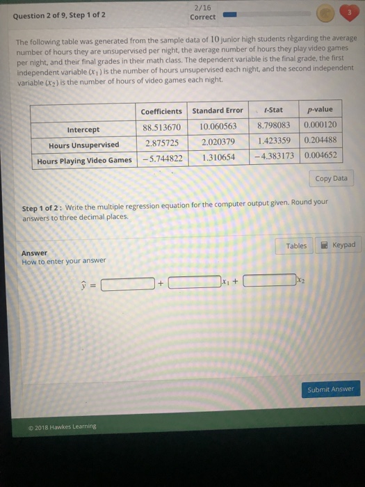 Solved Step 1 of 2 : Write the multiple regression equation | Chegg.com