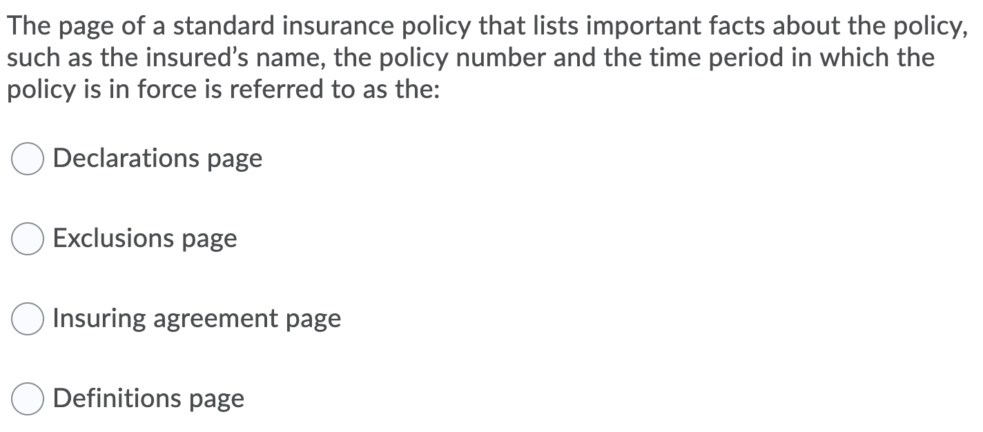 Solved The page of a standard insurance policy that lists | Chegg.com
