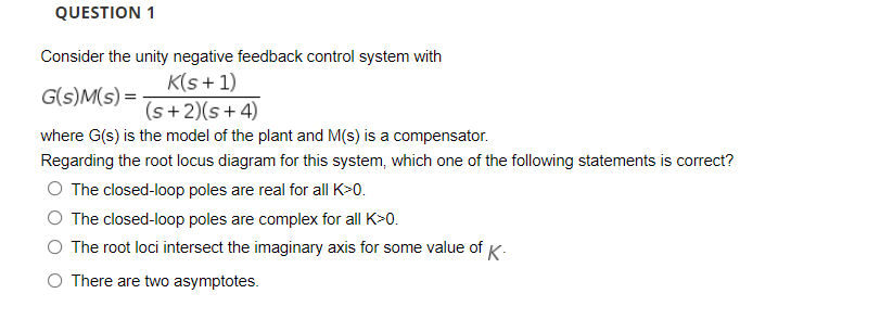 Solved QUESTION 1 Consider the unity negative feedback | Chegg.com