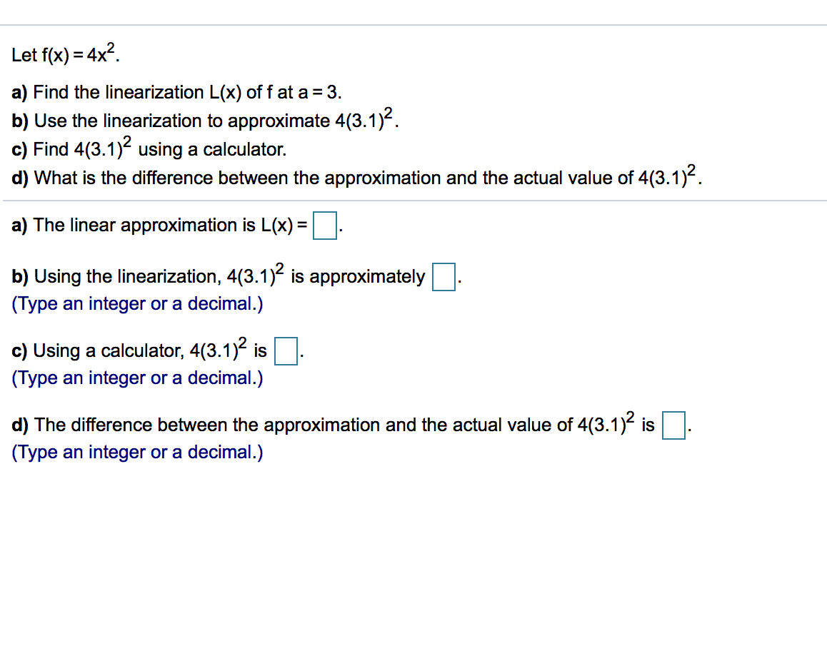 Solved Let f(x) = 4x? a) Find the linearization L(x) off at | Chegg.com