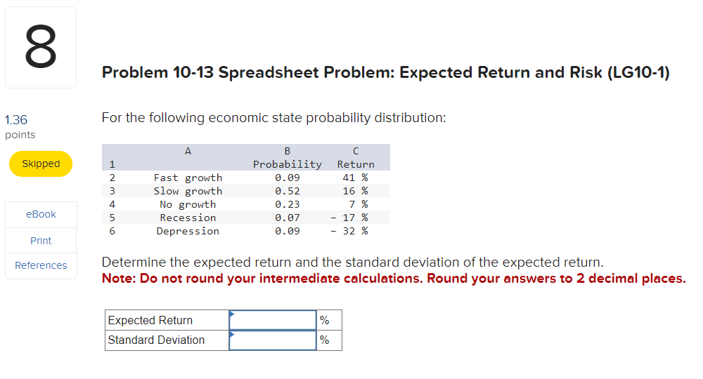 Solved Problem 10-13 Spreadsheet Problem: Expected Return | Chegg.com