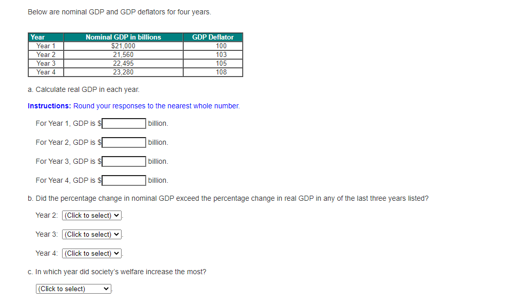 Solved Below are nominal GDP and GDP deflators for four | Chegg.com