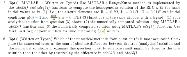 Solved 5. (5pts) (MATLAB + Written or Typed) Use MATLAB's | Chegg.com