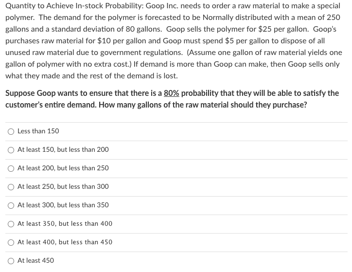 Solved Quantity to Achieve In-stock Probability: Goop Inc. | Chegg.com