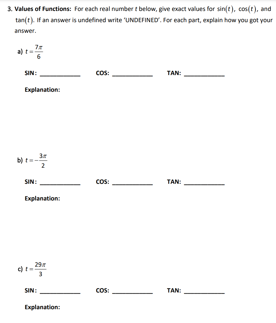 Solved Values of Functions: For each real number t ﻿below, | Chegg.com