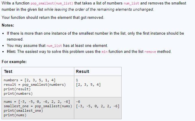 Solved Write a function pop_smallest(num_list) that takes a | Chegg.com