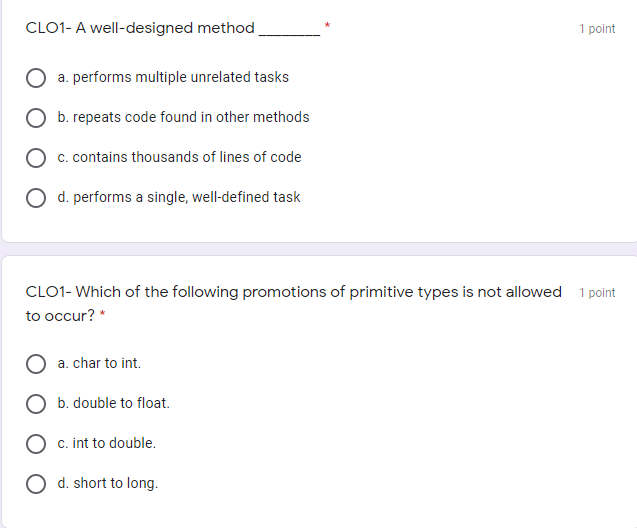 Solved CLO1- A well-designed method 1 point a. performs | Chegg.com