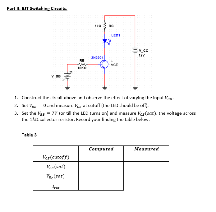 Solved Part II: BJT Switching Circuits. 1kΩ ξ RC LED1 =v_cc | Chegg.com