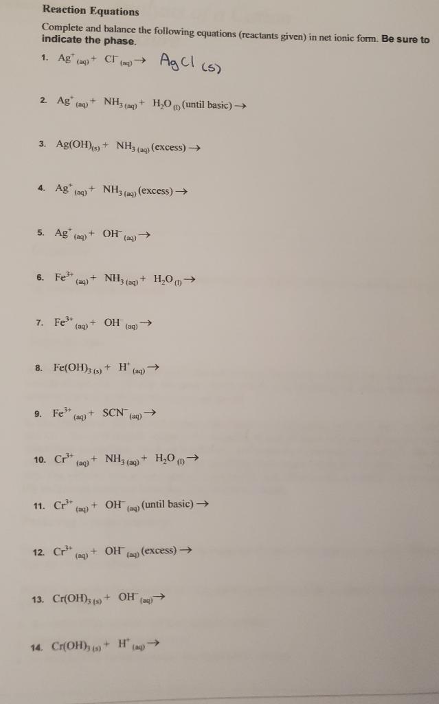 Solved Reaction Equations Complete and balance the following | Chegg.com