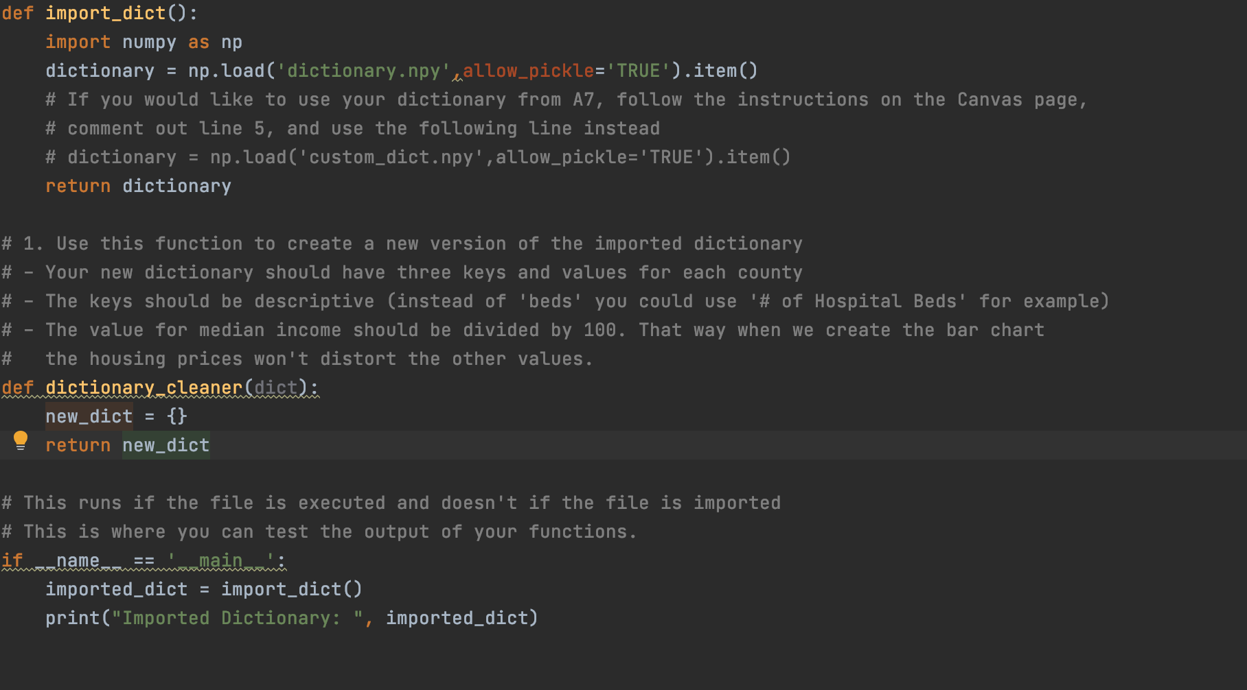 Solved def import_dict(): import numpy as np dictionary | Chegg.com