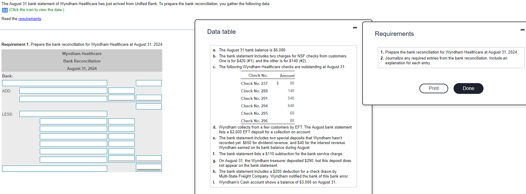 [Solved]: P7-29 The August 31 bank statement of Wyndham He