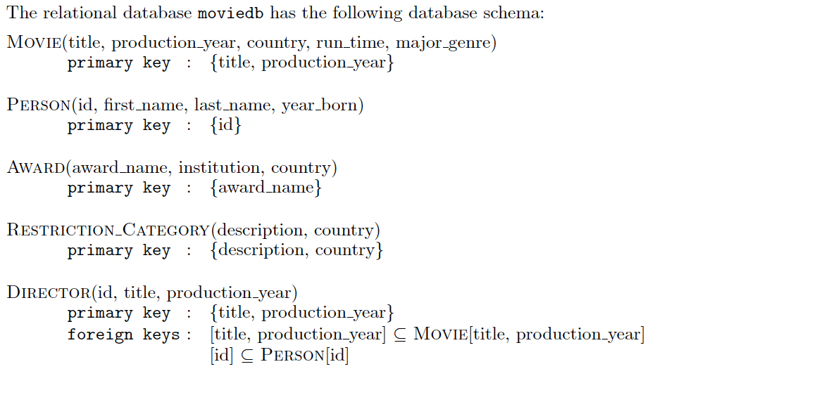 Solved The relational database moviedb has the following | Chegg.com
