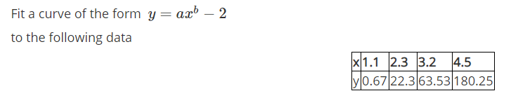 Solved Fit a curve of the form y= axb – 2 to the following | Chegg.com