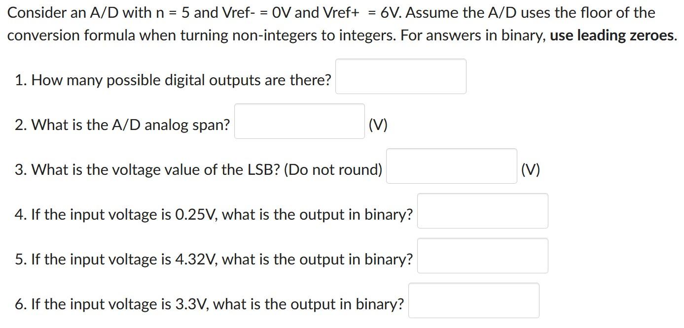 Solved = Consider an A/D with n = 5 and Vref- = OV and Vref+ | Chegg.com