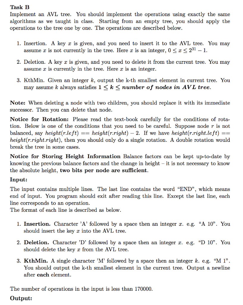Solved Task B Implement an AVL tree. You should implement | Chegg.com